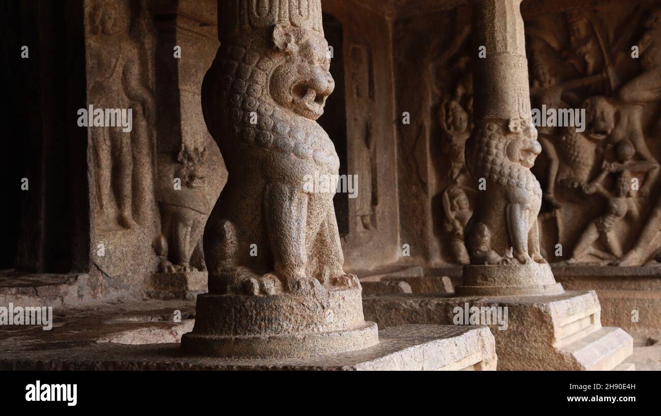 Cave stone hall carved in the rock in which the lion-shaped stone ...