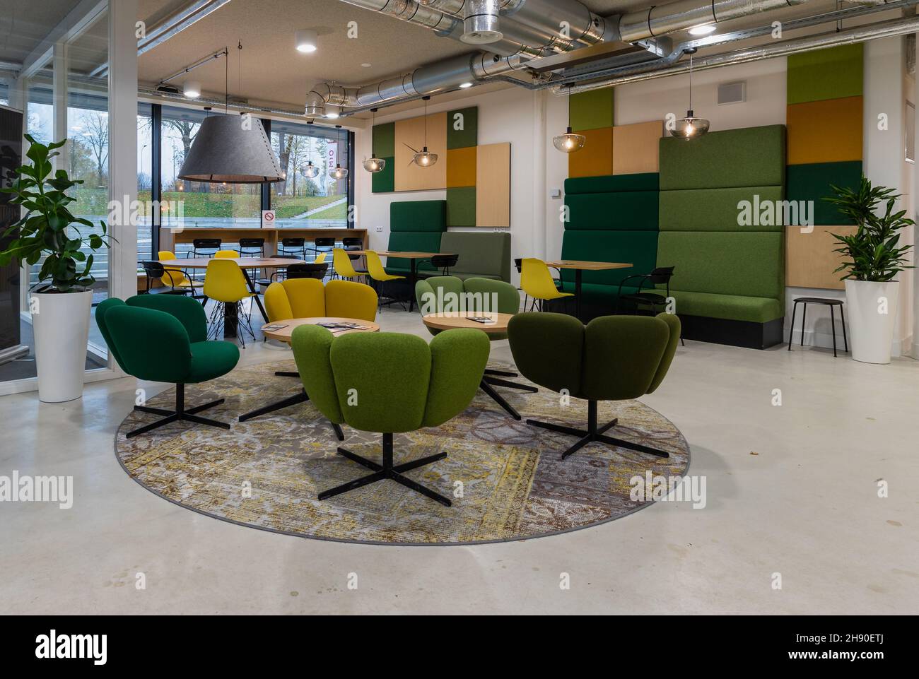 Decorated welcome hall in a sustainable university building in ...