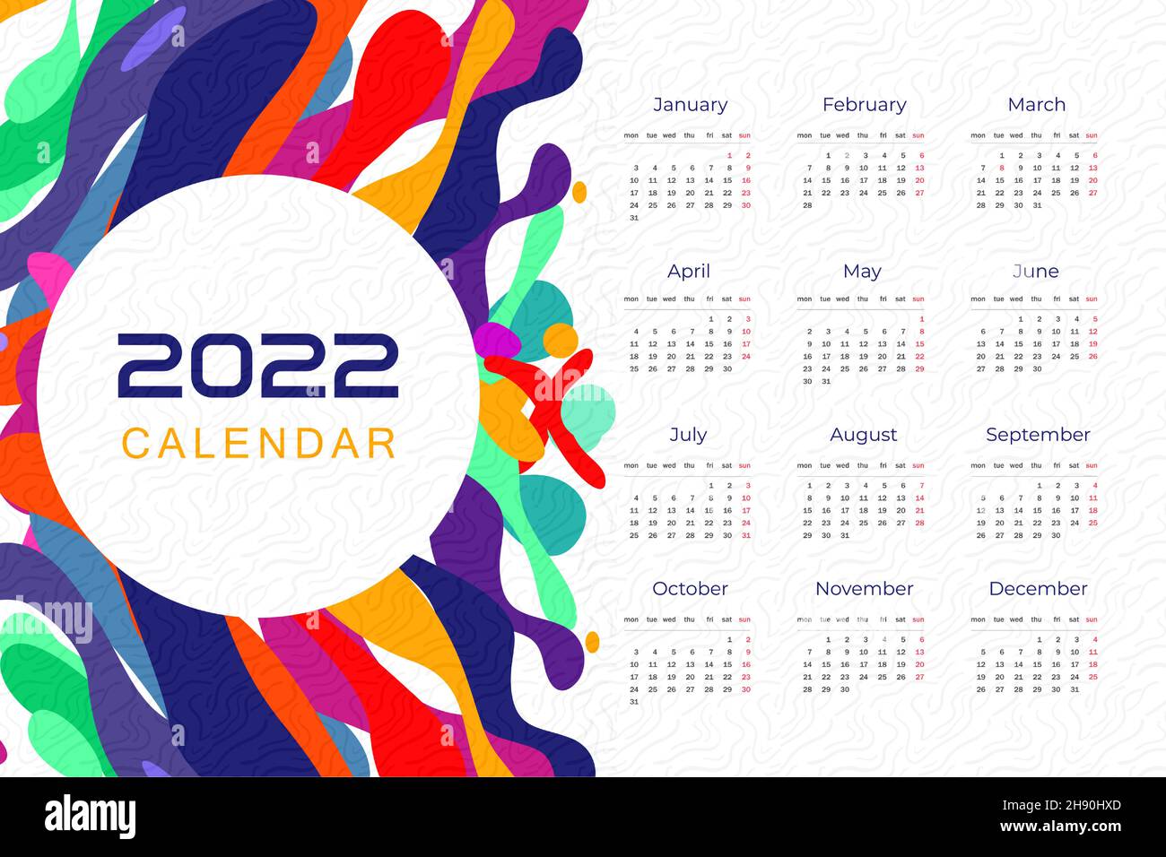 Calendar Template Of 2022 In Colorful Fluid Liquid Shapes And Textures ...