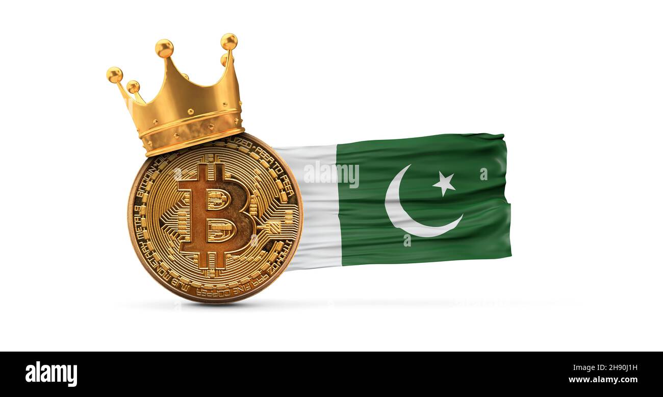 Bitcoin with gold crown and Pakistan flag. Cryptocurrency king concept ...