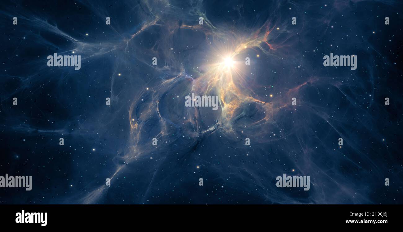 Space background. Colorful fractal nebula in orange and blue color with star field and sun ...