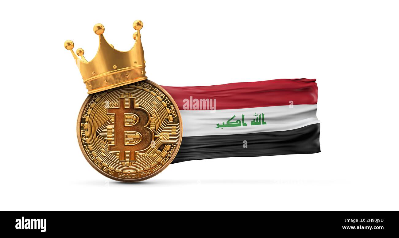 Bitcoin with gold crown and Iraq flag. Cryptocurrency king concept. 3D ...