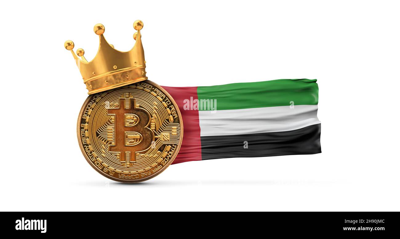 Bitcoin with gold crown and UAE flag. Cryptocurrency king concept. 3D ...