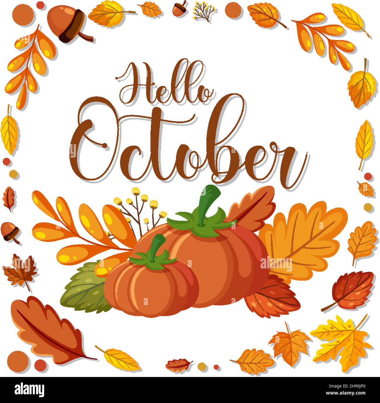 Hello October with ornate of autumn leaves frame illustration Stock ...