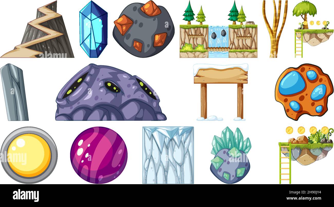 Set of isolated fantasy space game objects and elements illustration ...