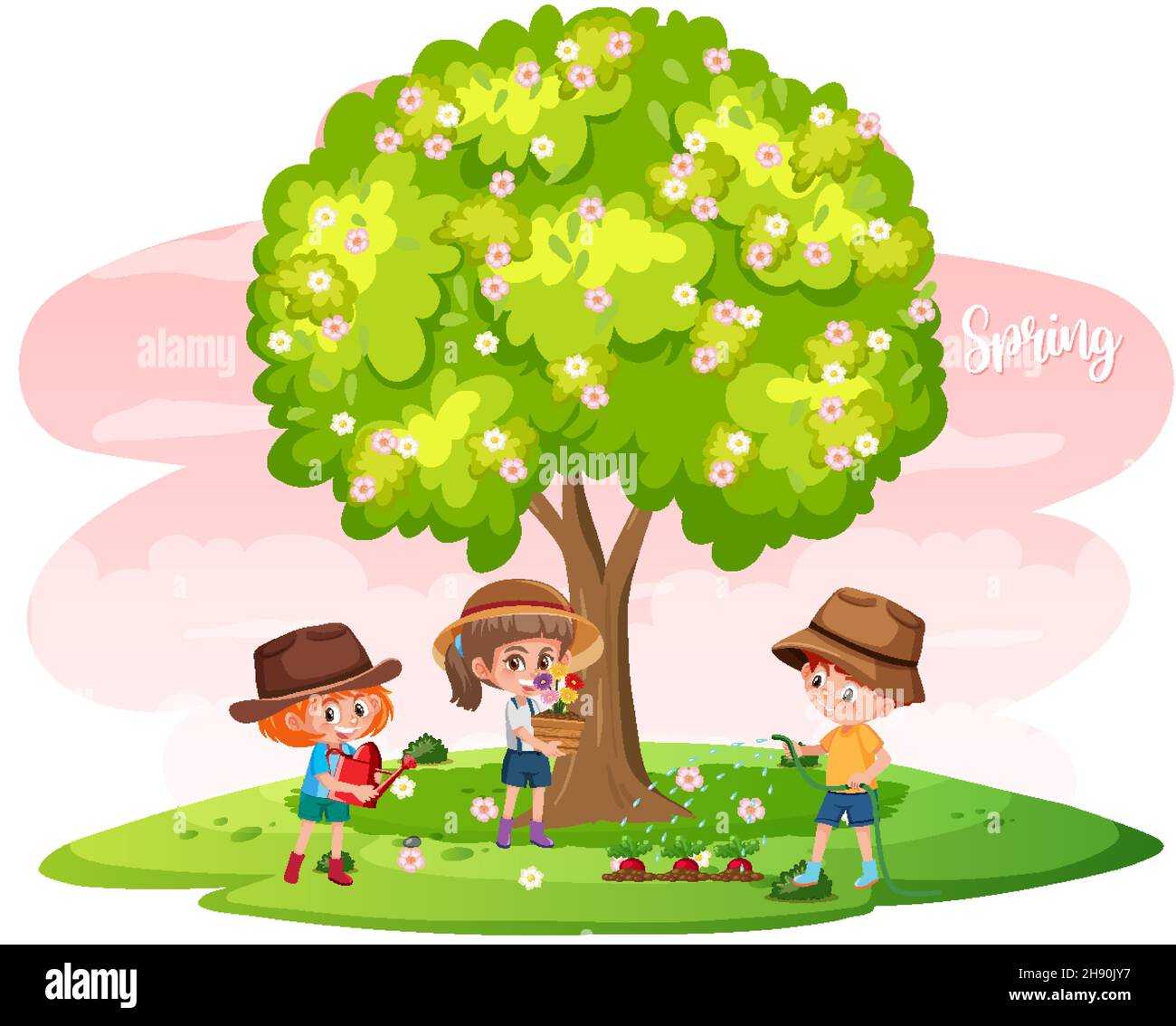 Isolated tree with flowers and children cartoon character illustration ...