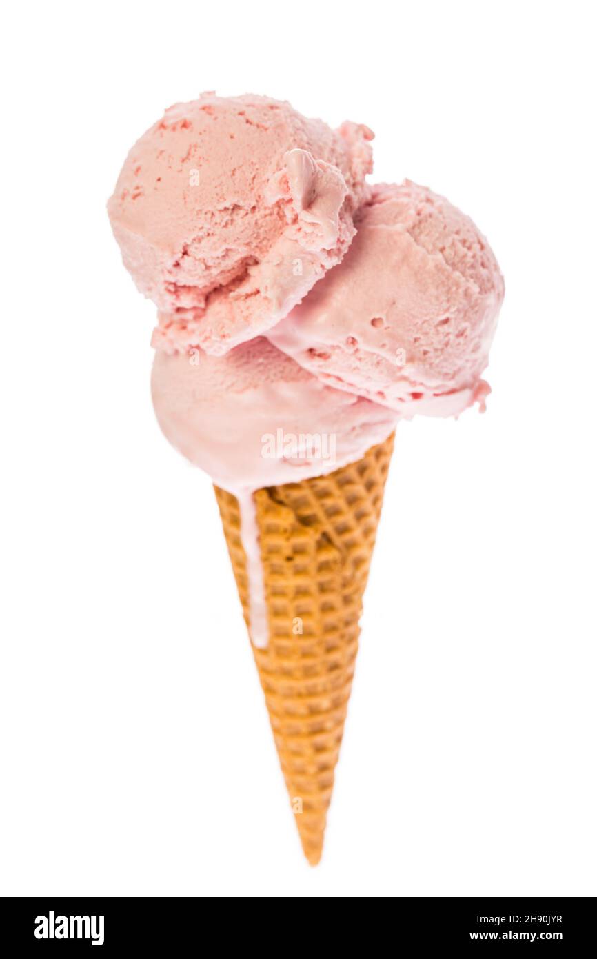 strawberry ice cream in a cone on white background Stock Photo - Alamy