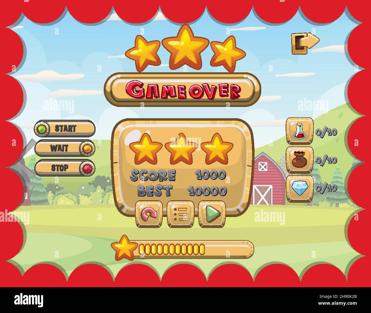 Game user interface with game over and three stars illustration Stock ...