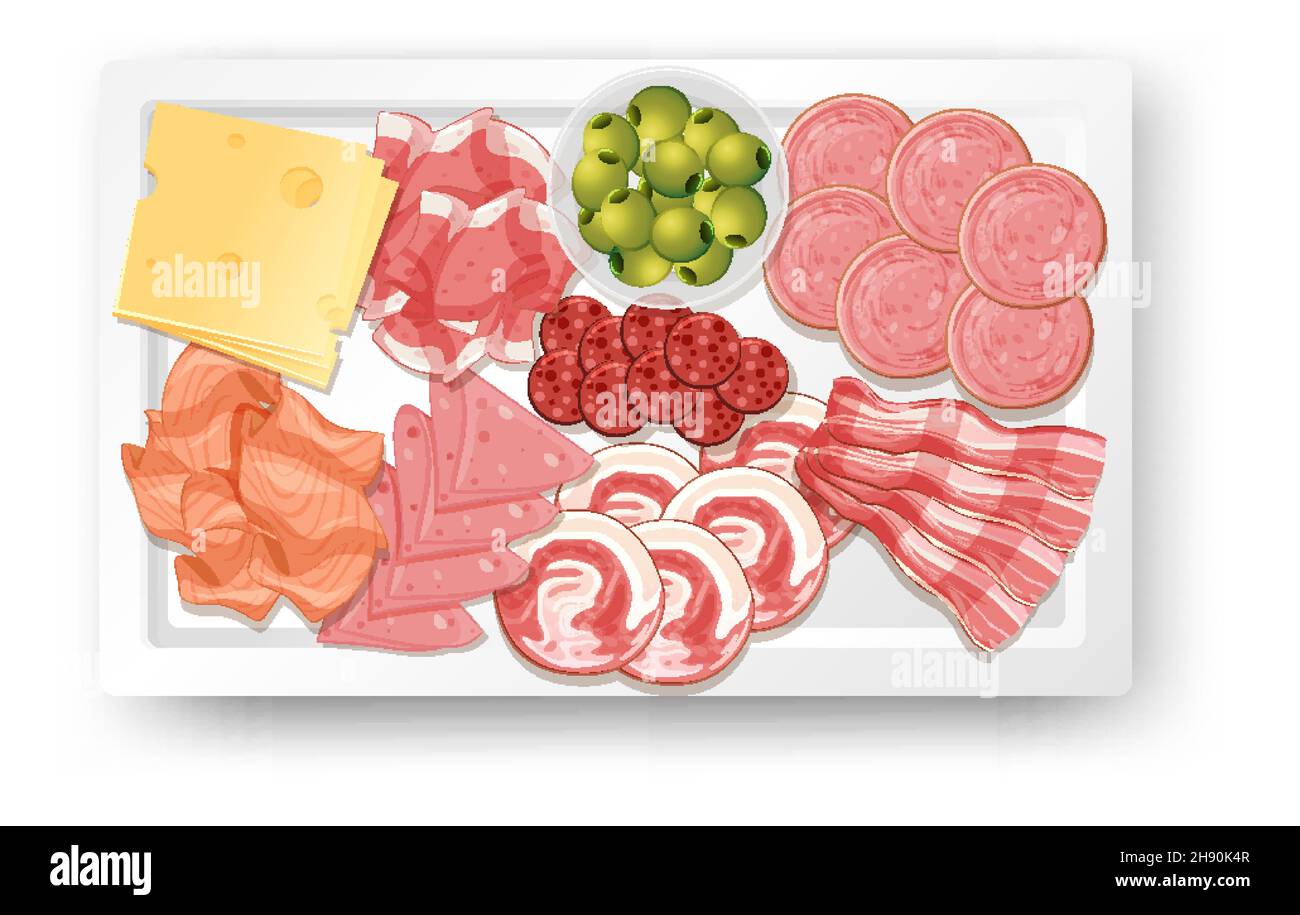 Lunch meat set with different cold meats on platter illustration Stock ...