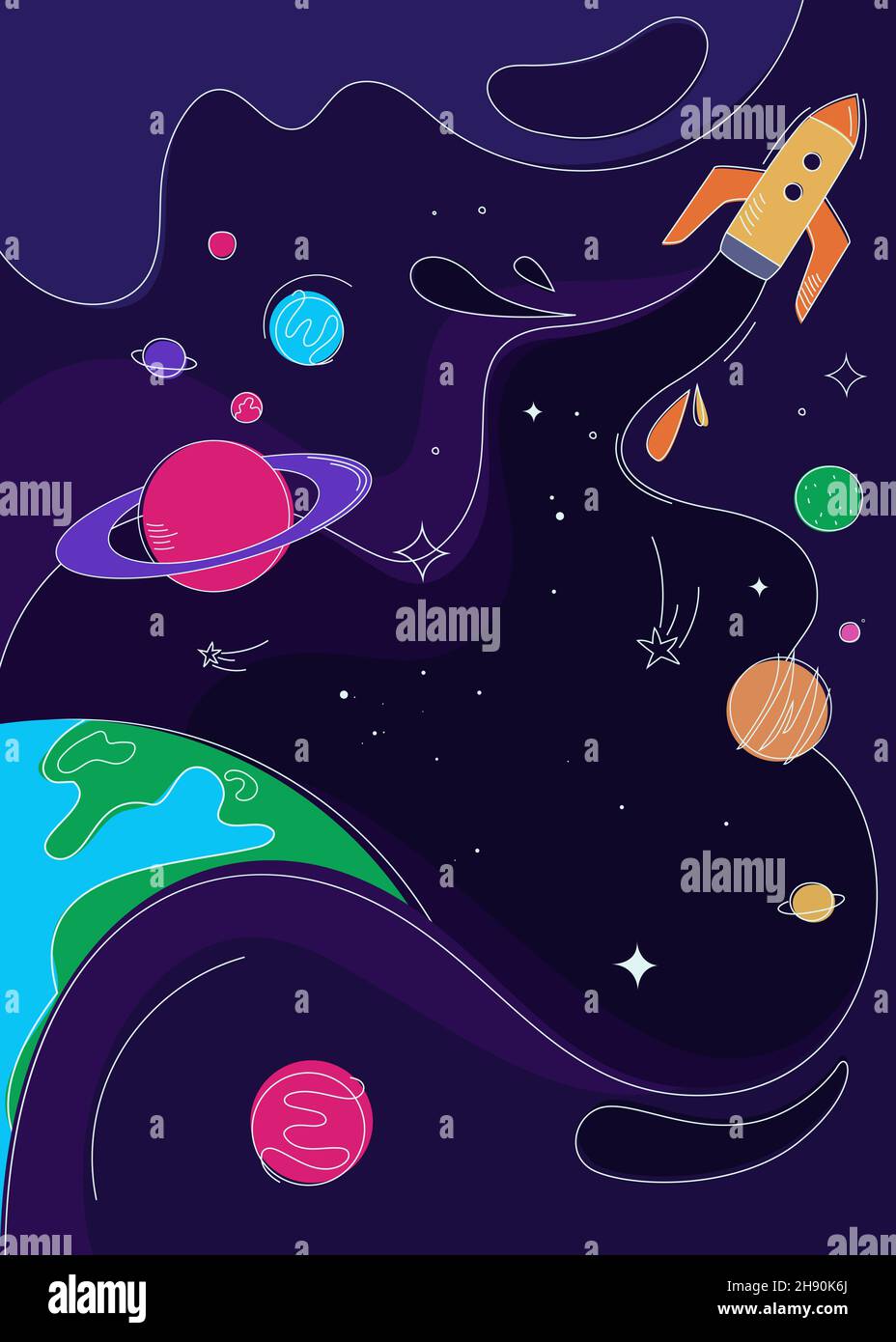 Banner with spaceship in outer space. Placard design in doodle style ...