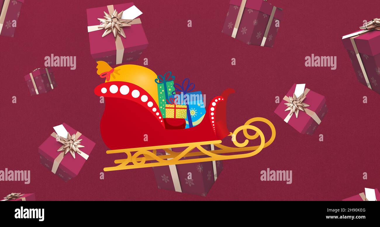 Digitally generated image of gift boxes on santa sleigh with gift boxes ...