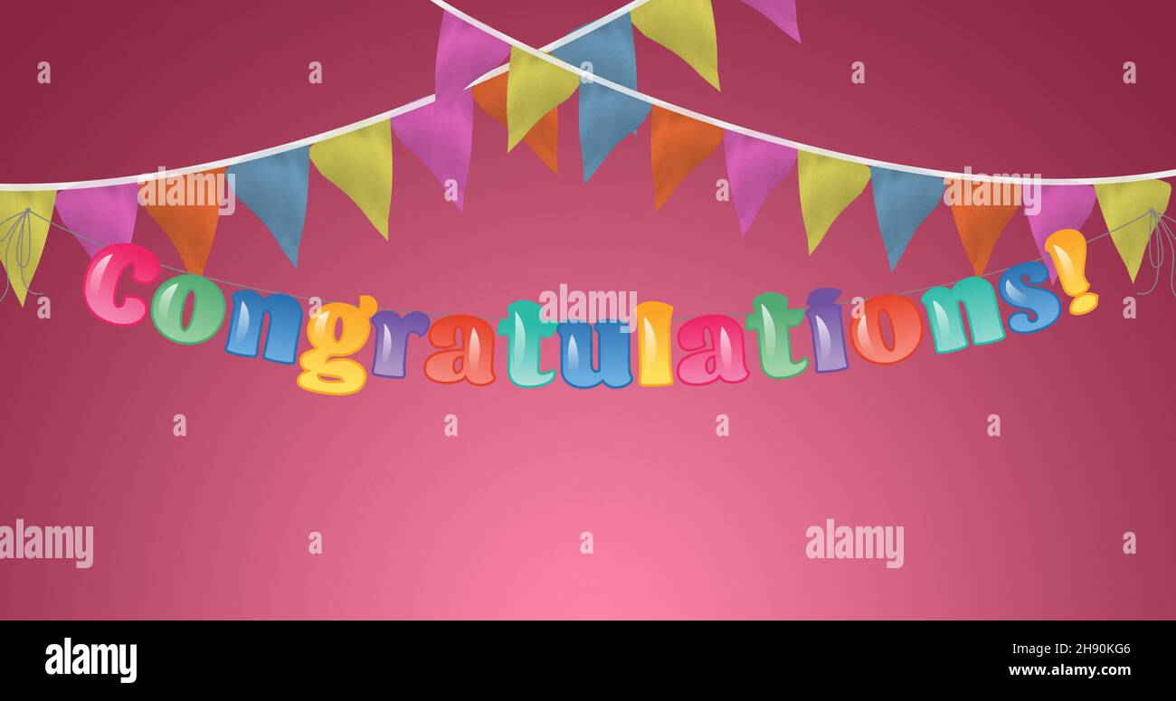 Colorful congratulations text and buntings with copy space against pink ...