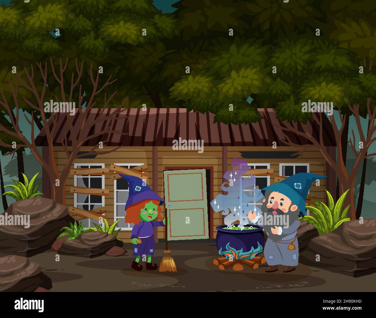 Witch and wizard cooking potion in front of old house in the woods ...