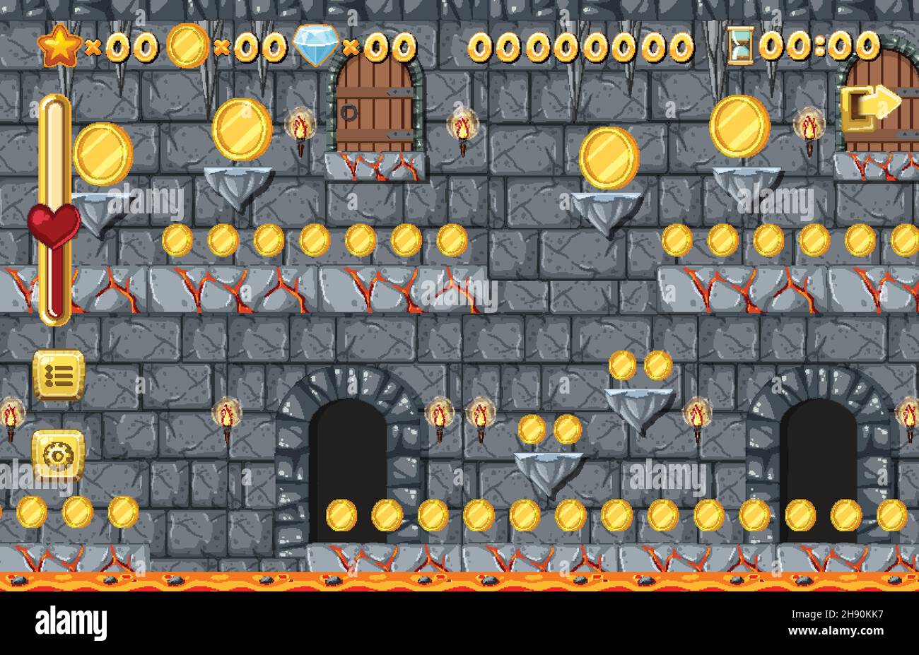 Platformer game template with underground lava theme illustration Stock ...