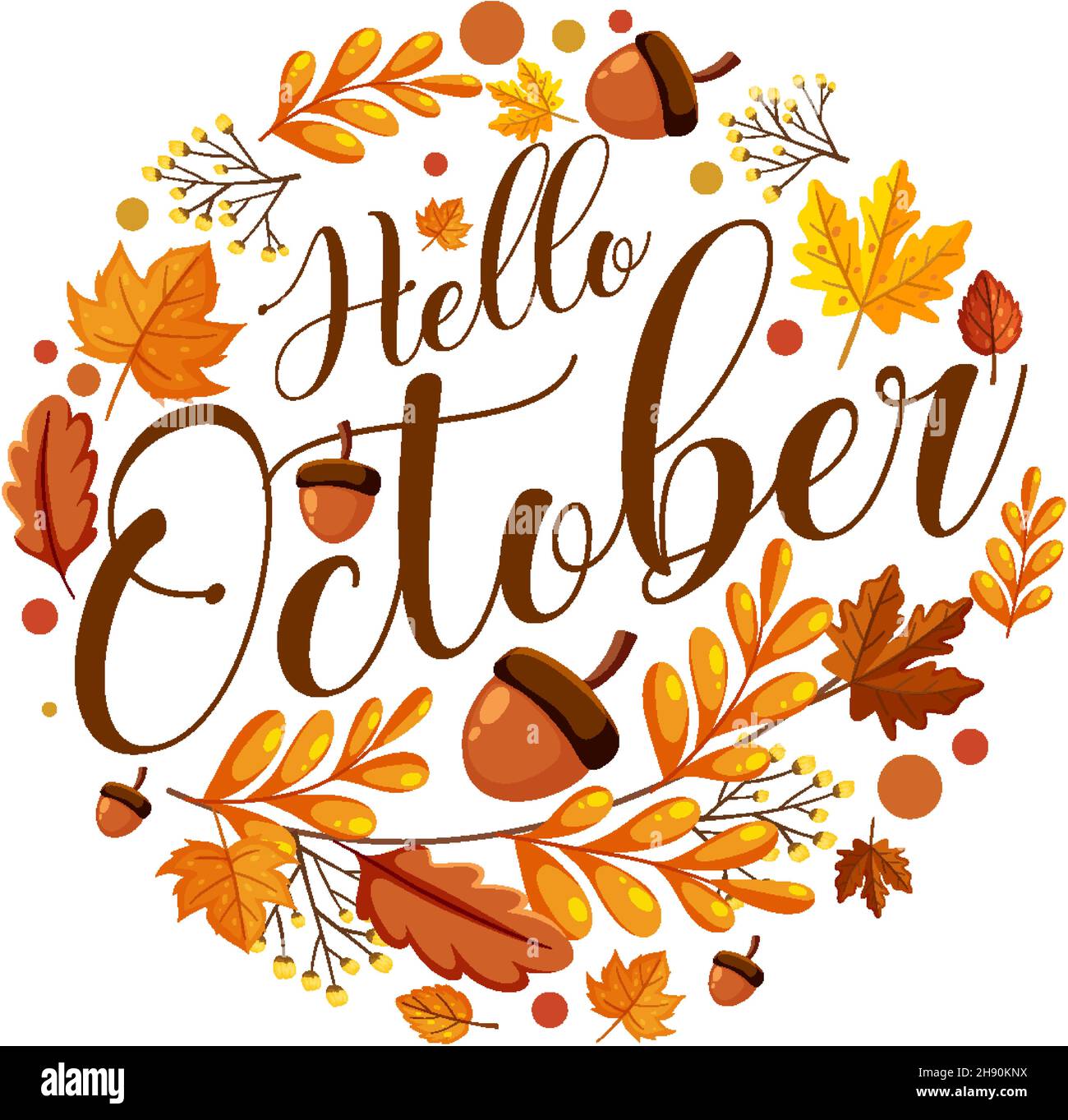 Hello October with ornate of autumn leaves frame illustration Stock ...