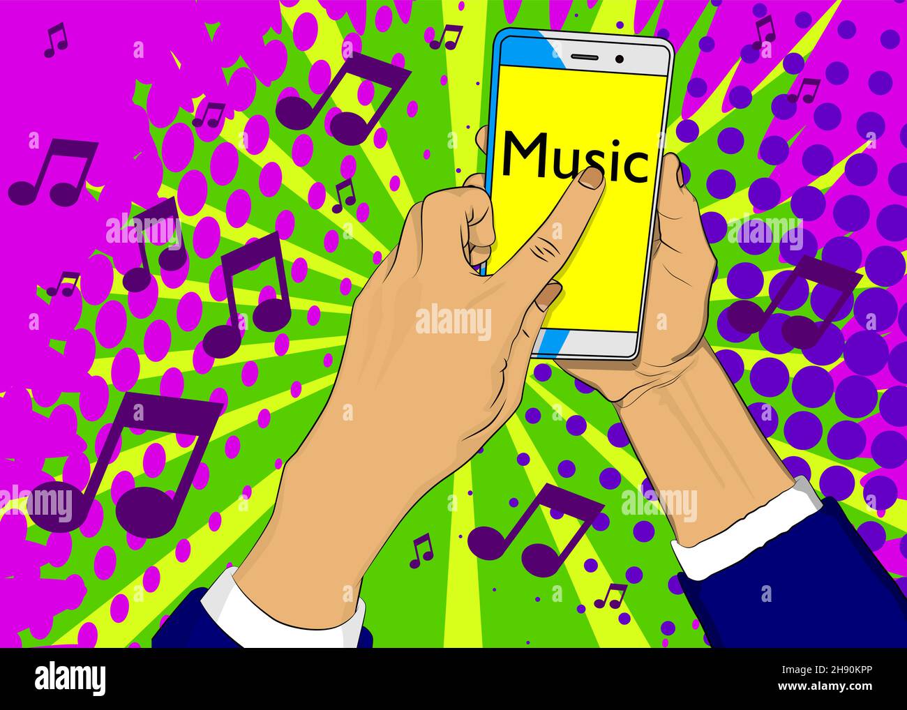 Music text on Smartphone screen. Cartoon vector illustrated mobile ...