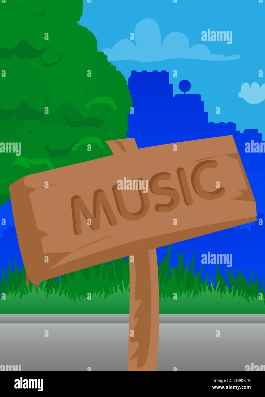 Music text on Wooden sign. Cartoon vector illustration. Listening to ...