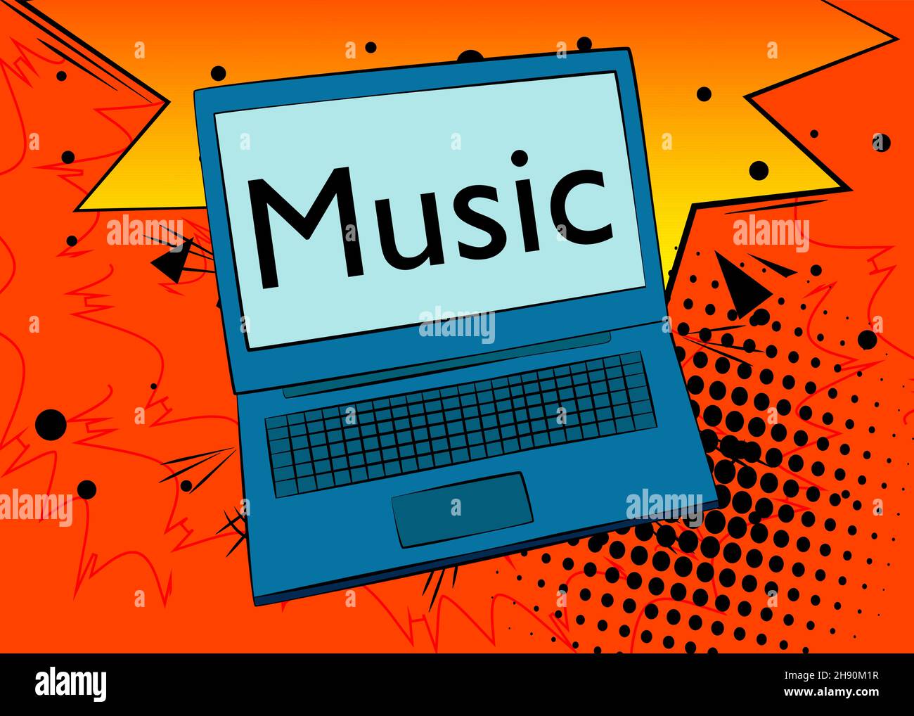 Laptop with Music text on the screen. Vector cartoon illustration ...