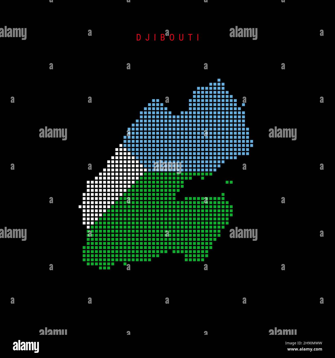 Square dots pattern map of Djibouti. Djiboutian dotted pixel map with national flag colors ...