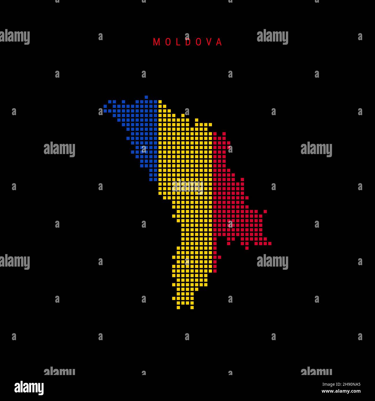 Square dots pattern map of Moldova. Moldavian dotted pixel map with national flag colors ...