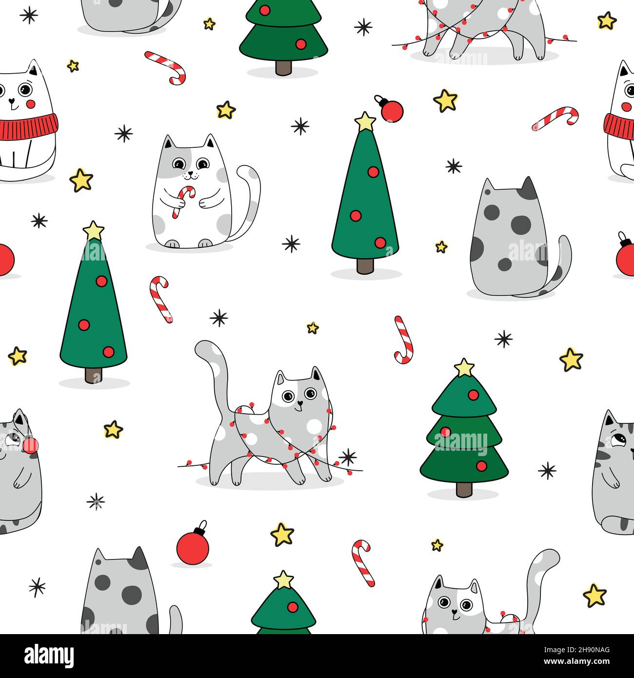 Seamless Pattern Winter Cute Cats, Cartoon Animals Background, Vector ...