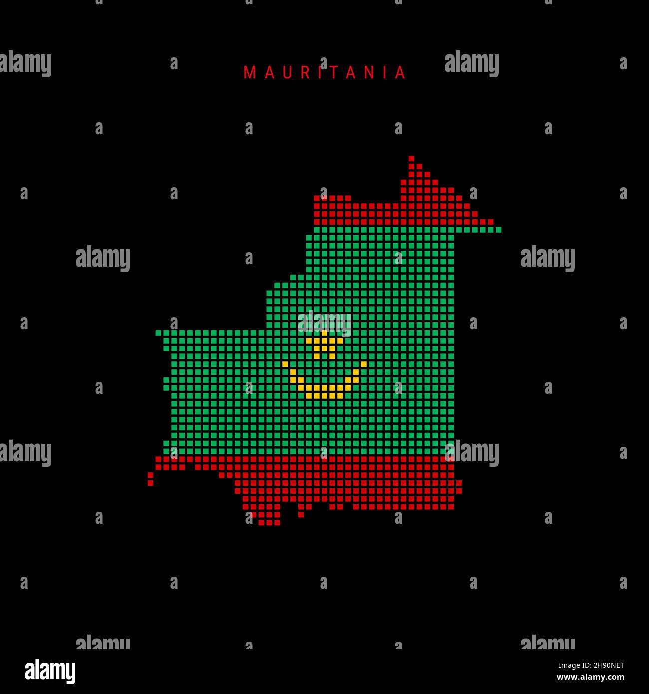 Square dots pattern map of Mauritania. Mauritanian dotted pixel map with national flag colors ...