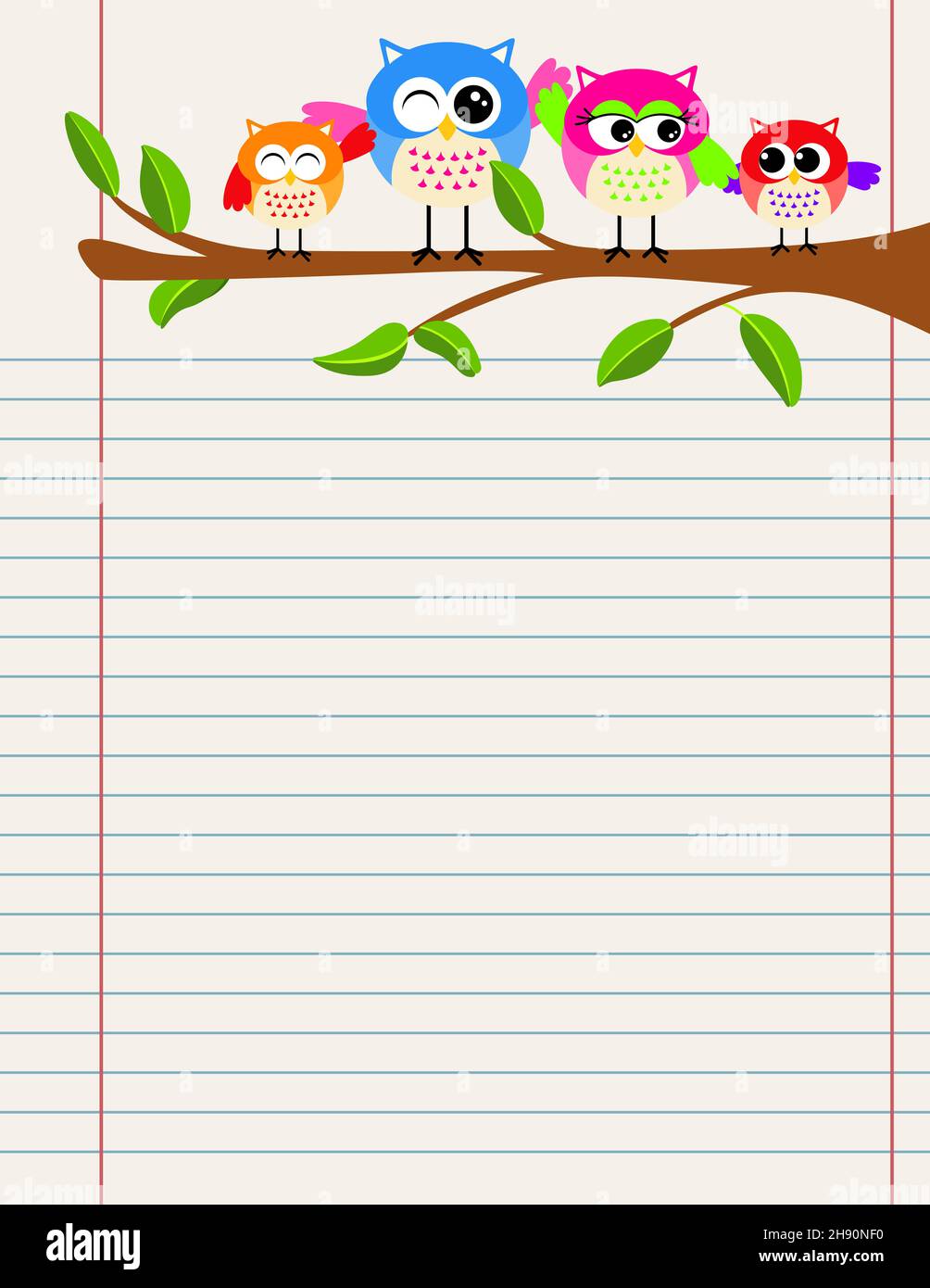 Lined paper with set of funny owls Stock Photo - Alamy