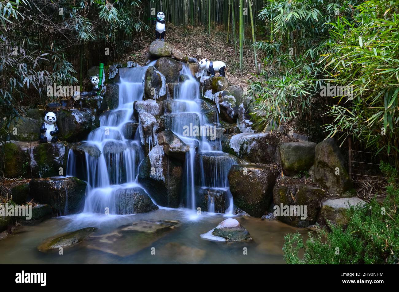 Beautiful artificial waterfall with cute panda sculptures in Juknokwon ...