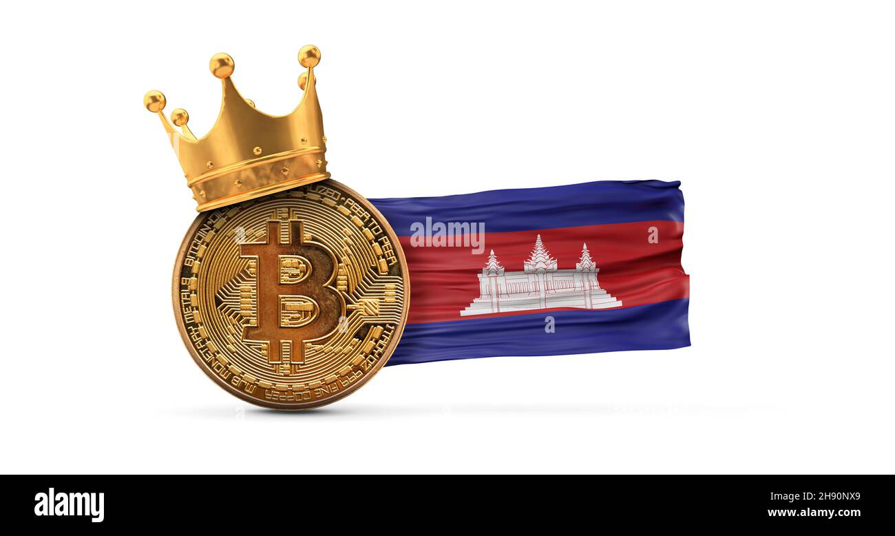 Bitcoin with gold crown and Cambodia flag. Cryptocurrency king concept ...