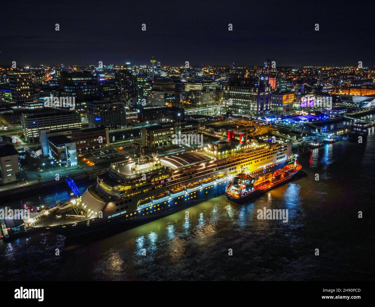 An aerial view of a Fred Olsen Cruise liner docked in front of the ...