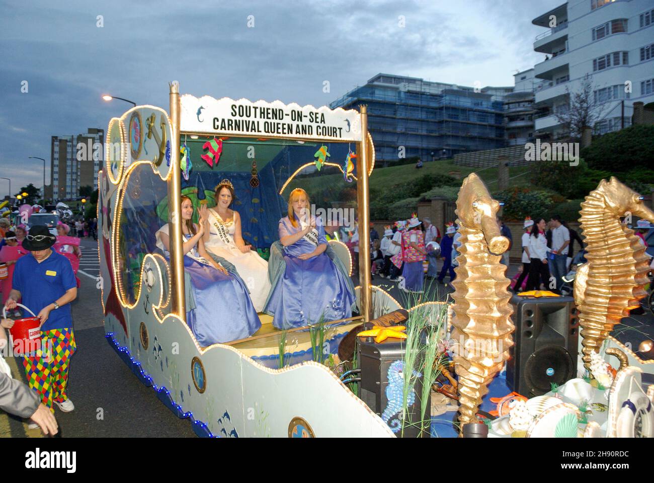 Southend on Sea Carnival Queen and Court 2008. Girls on float, behind ...