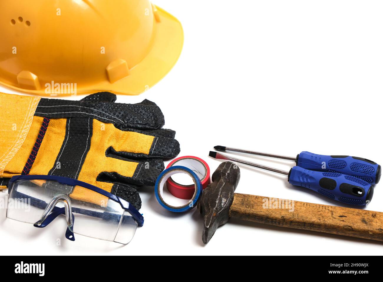 Tool of builder, installer, electrician, white background top view ...