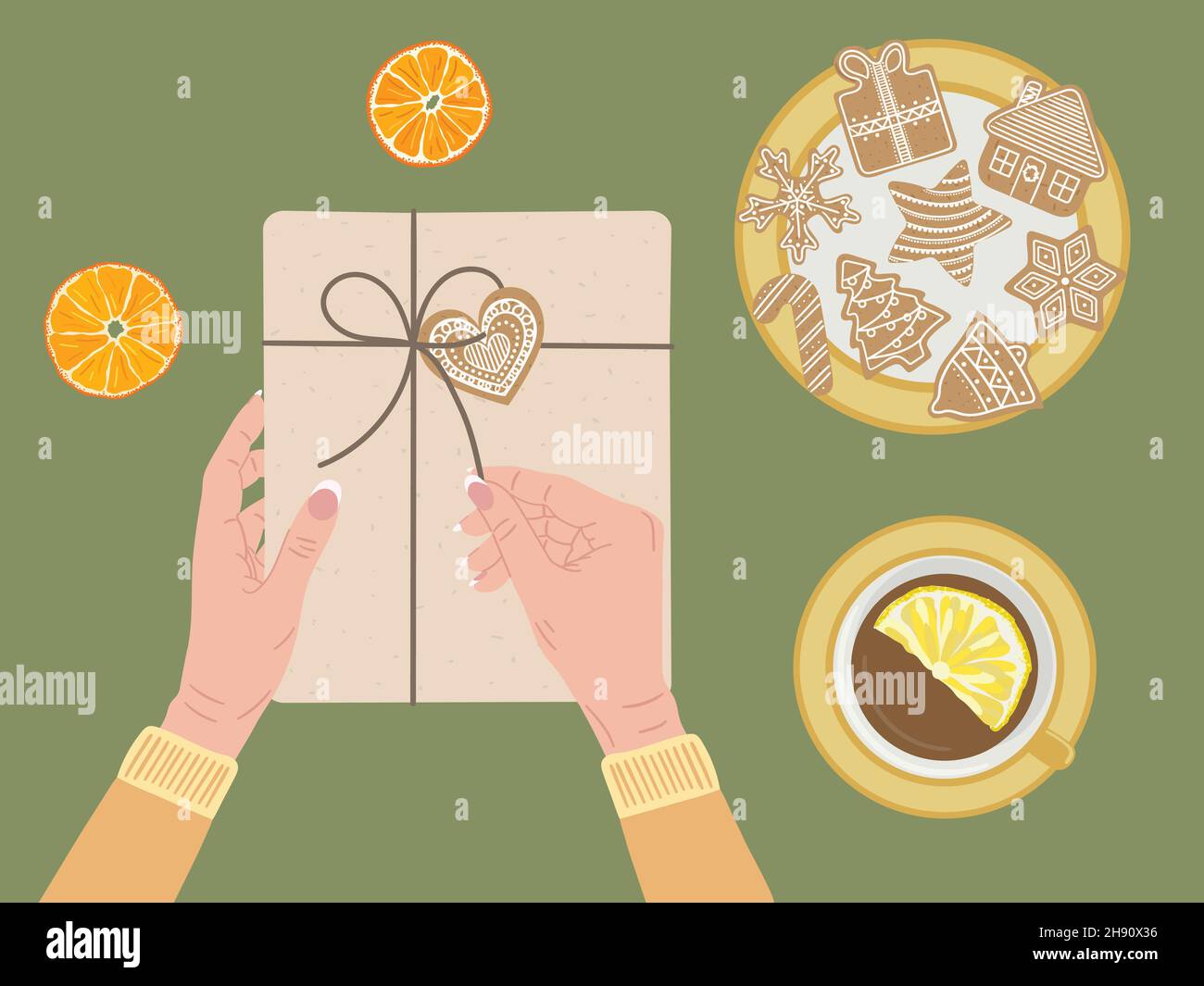 White female hands open gift box wrapped into kraft paper and twine ...