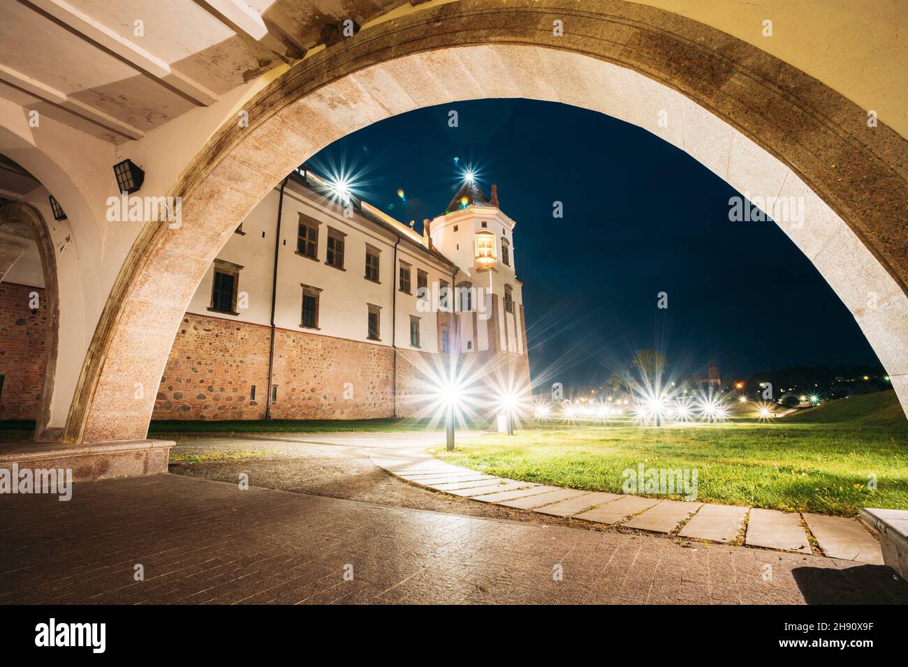 Mir, Belarus. Castle Complex Mir In Evening Night Illumination ...