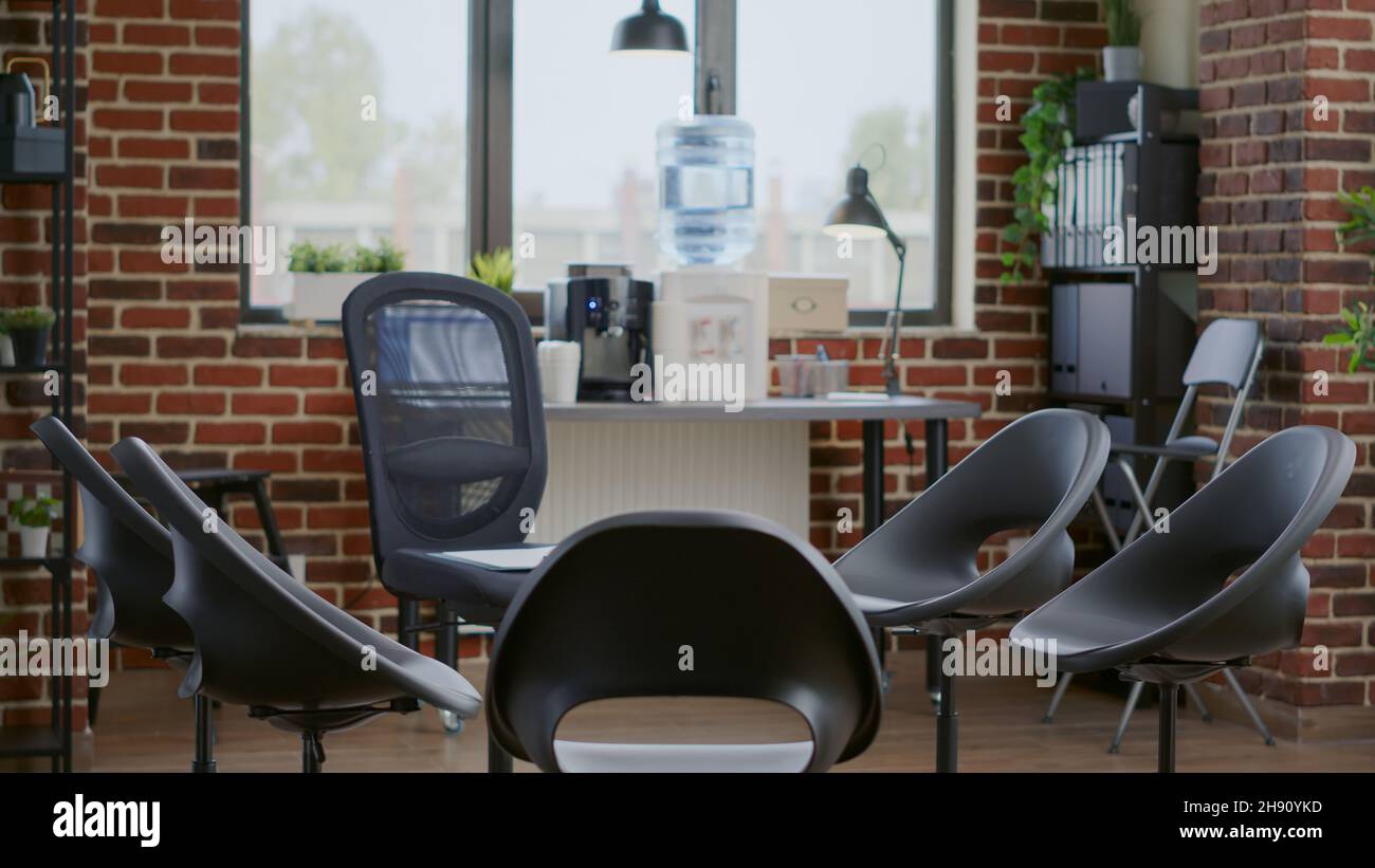 Nobody in space used for aa group therapy meeting with chairs in circle ...
