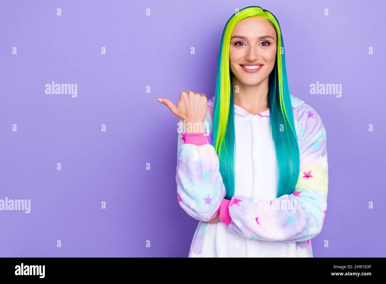 Photo of positive lady direct thumb empty space promote novelty wear ...