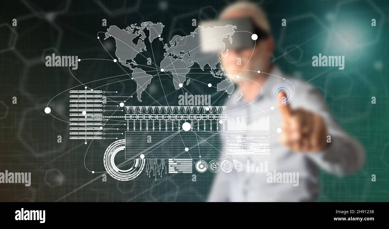 Man with vr headset touching a global business digital interface ...