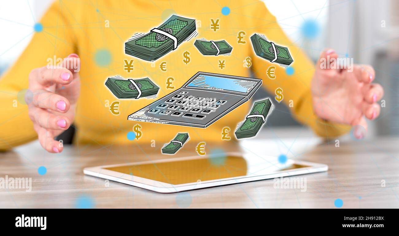 Digital tablet with finance concept between hands of a woman in ...