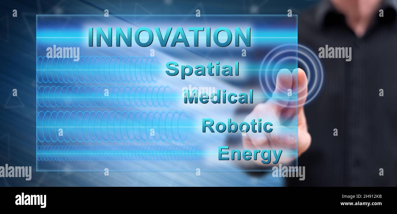 Man touching an innovation concept on a touch screen with his fingers ...