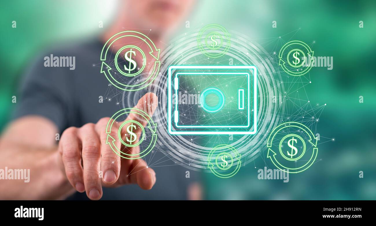Man touching a secure money transfer concept on a touch screen with his ...