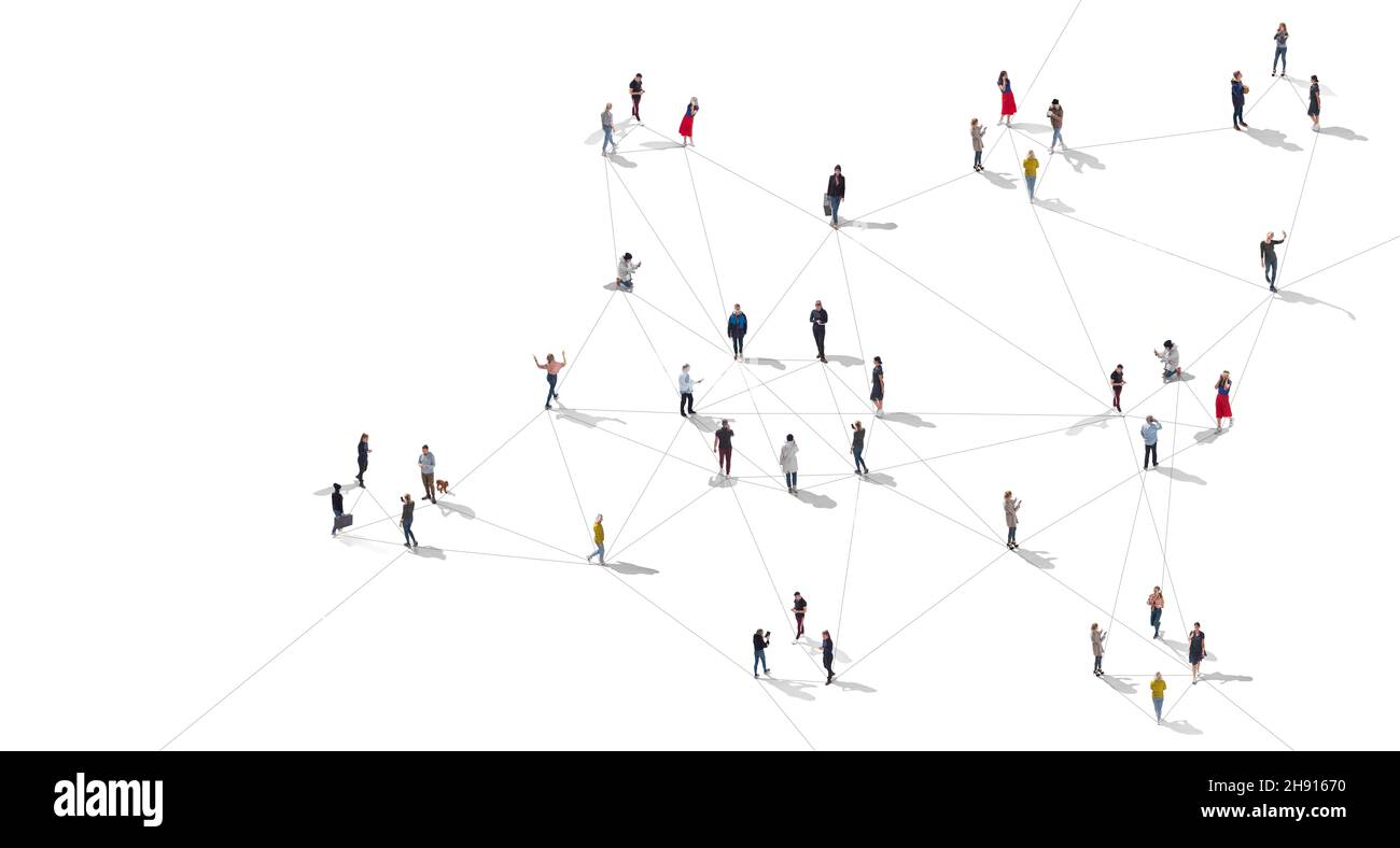 Aerial view of crowd people connected by lines, social media and ...