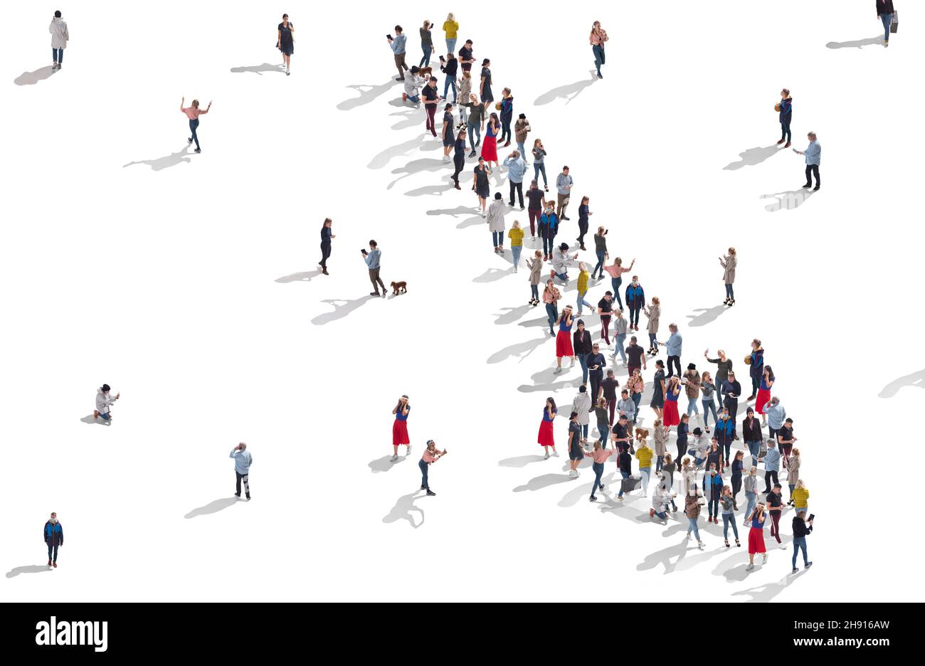 Aerial view of crowd of people standing in form of pointing arrow. Top ...