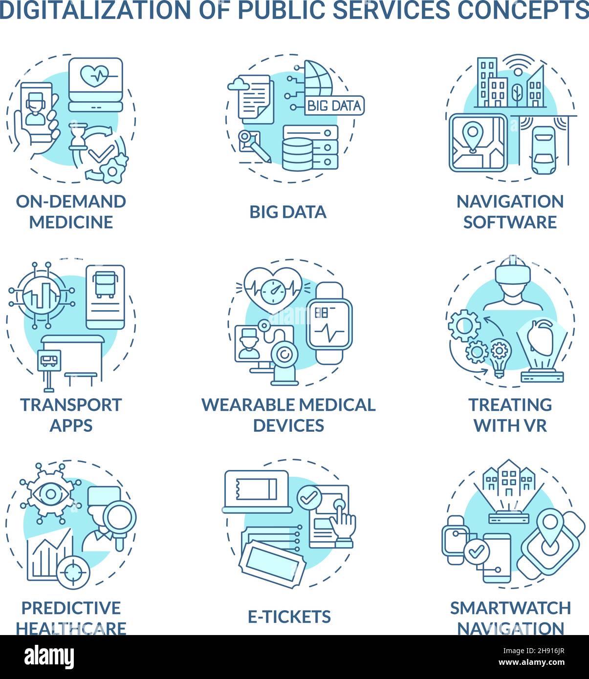 Digitalization of public services blue concept icons set Stock Vector ...
