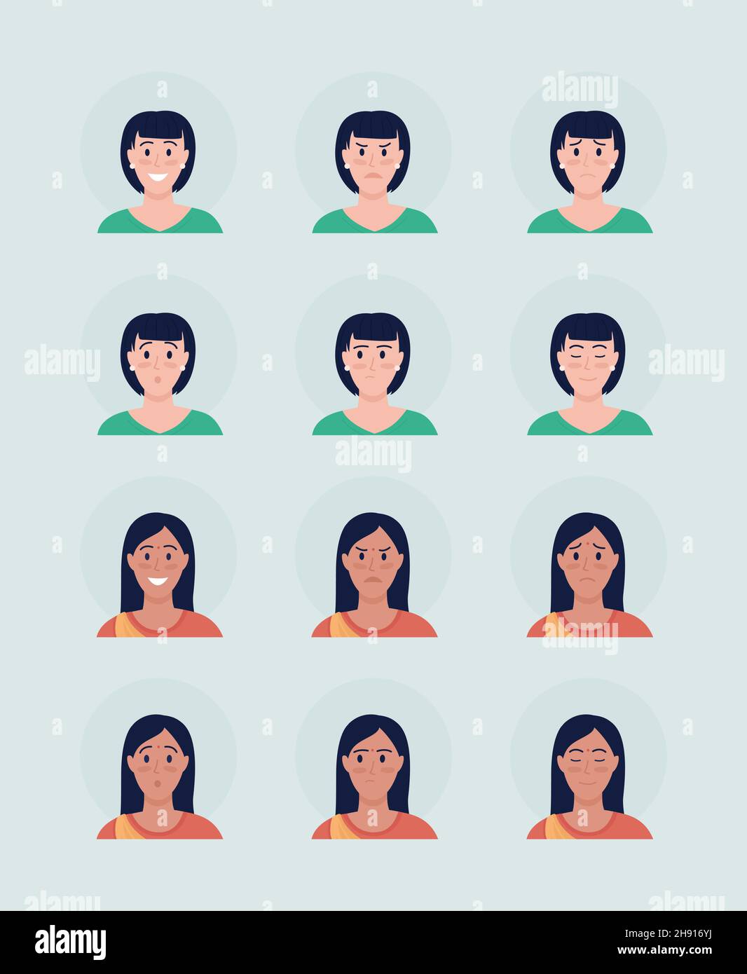 Different women face expressions semi flat color vector character ...