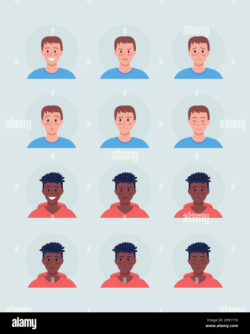 Diverse male facial expressions semi flat color vector character avatar ...