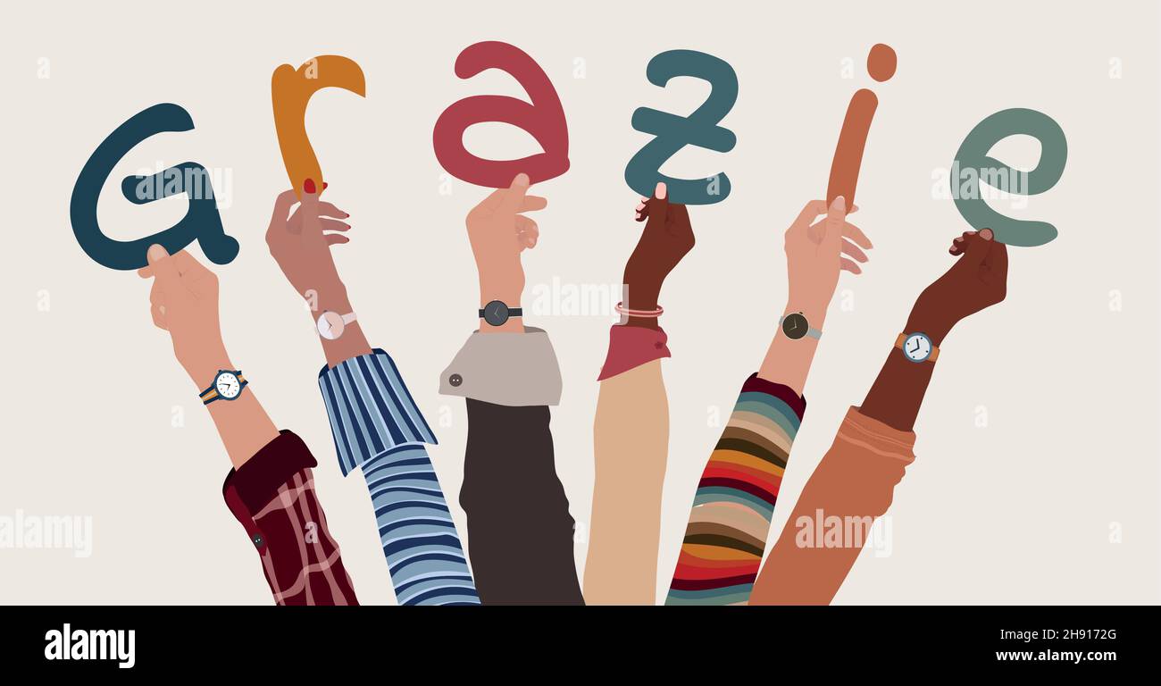 Raised arms of a group of multiethnic people holding the letters that ...