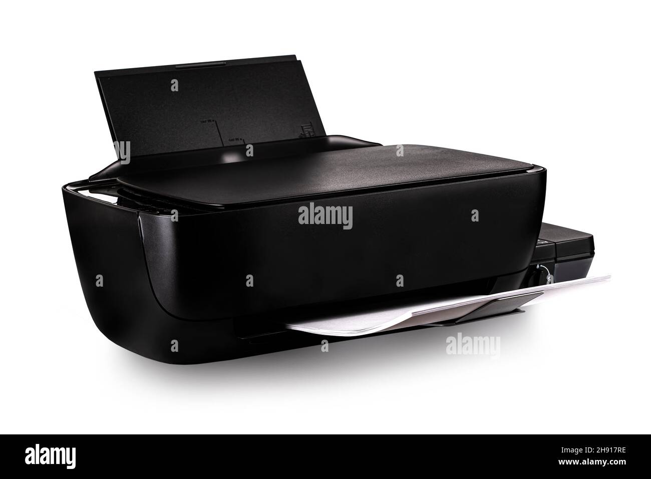 modern multifunction black inkjet printer with paper isolated on white ...