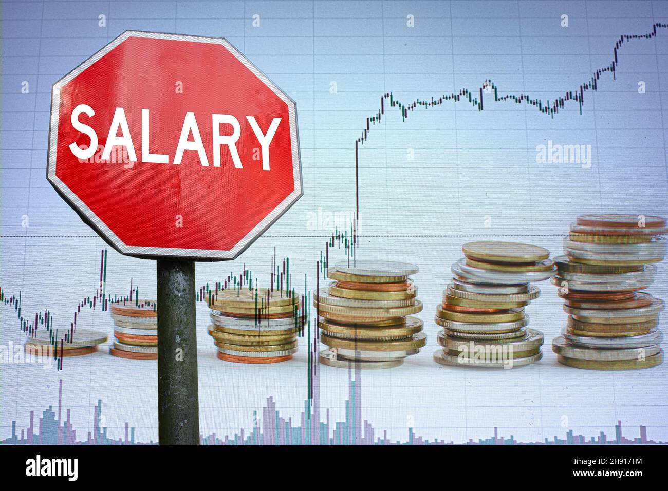 Salary growth concept. Salary road sign on economy background with ...