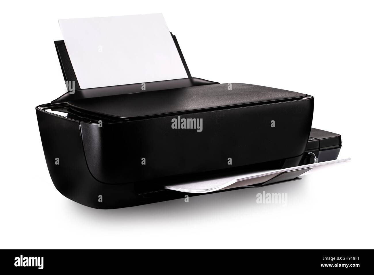 modern multifunction black inkjet printer with paper isolated on white ...