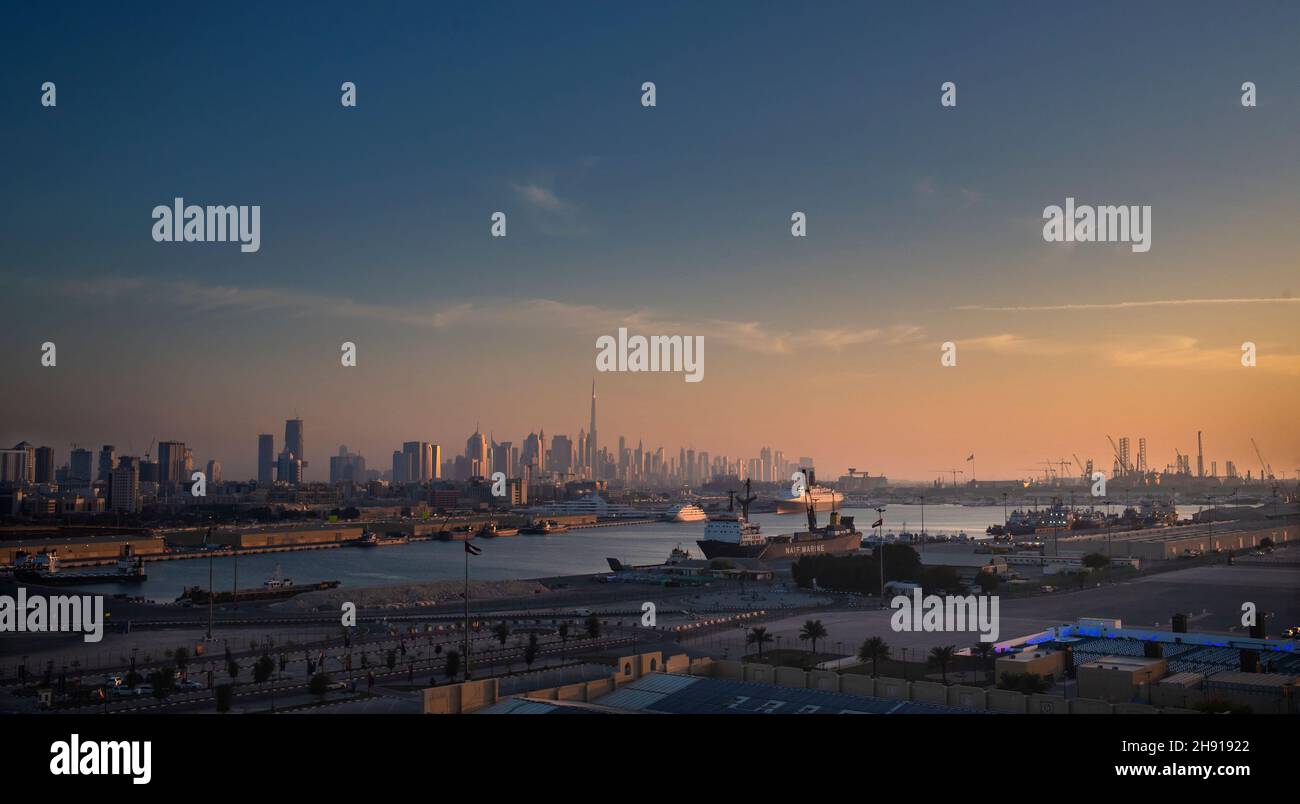 General view of the Port Rashid in Dubai with the Burj Khalifa in the ...